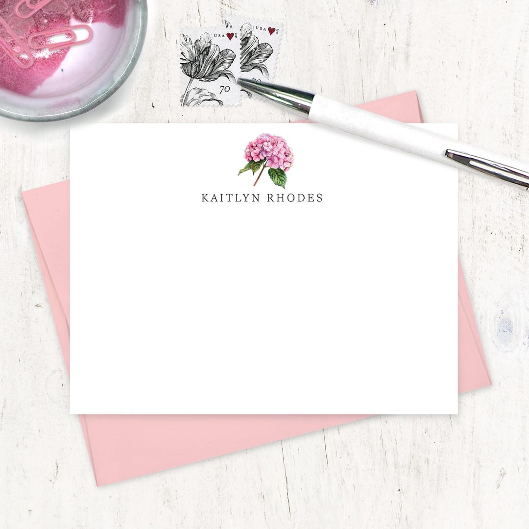 Personalized Note Card Set - Single Flower Blossom PINK HYDRANGEA ...
