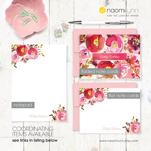 Personalized Note Card Set PINK PEONIES WATERCOLOR Flowers - Etsy