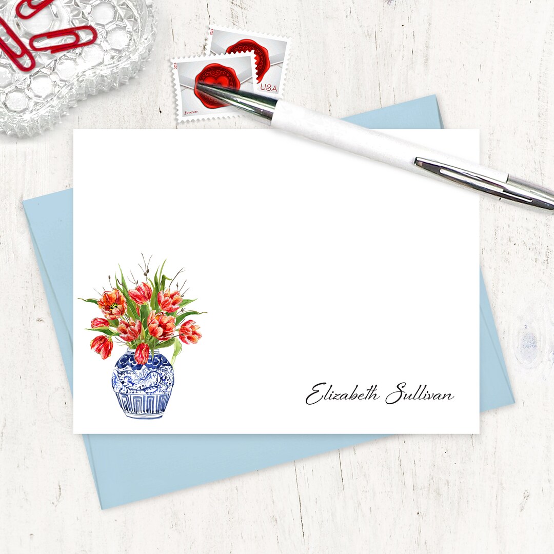 Personalized Note Card Set - Red Watercolor TULIPS in BLUE and WHITE ...