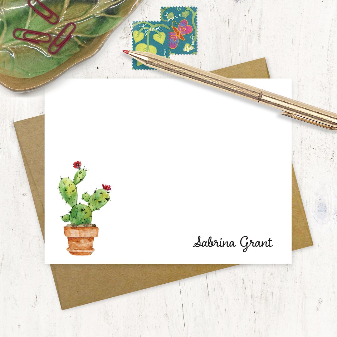 Personalized Note Card Set - Watercolor CACTUS Houseplant in Terracotta ...