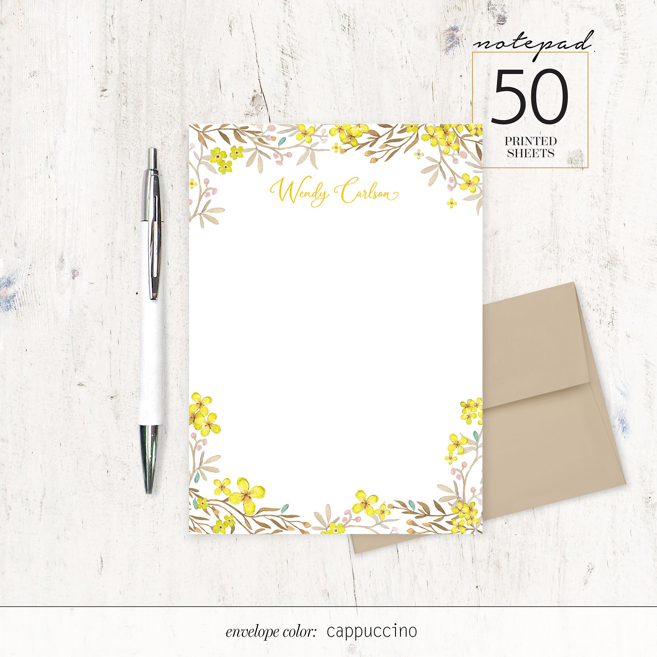 Personalized Notepad - YELLOW FLOWER FIELDS - Garden Stationery ...