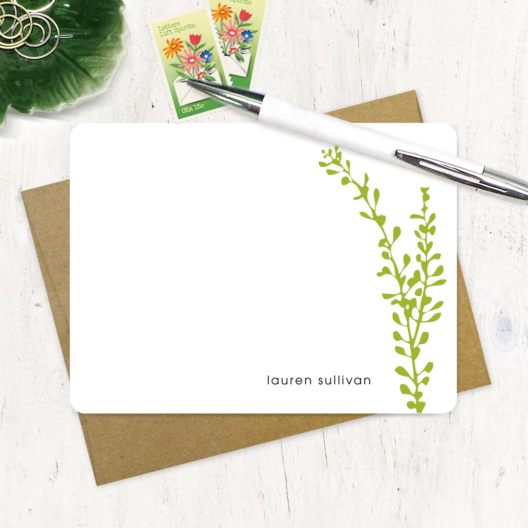 Personalized Note Card Set LEAFY STEM Modern Stationary Flower ...