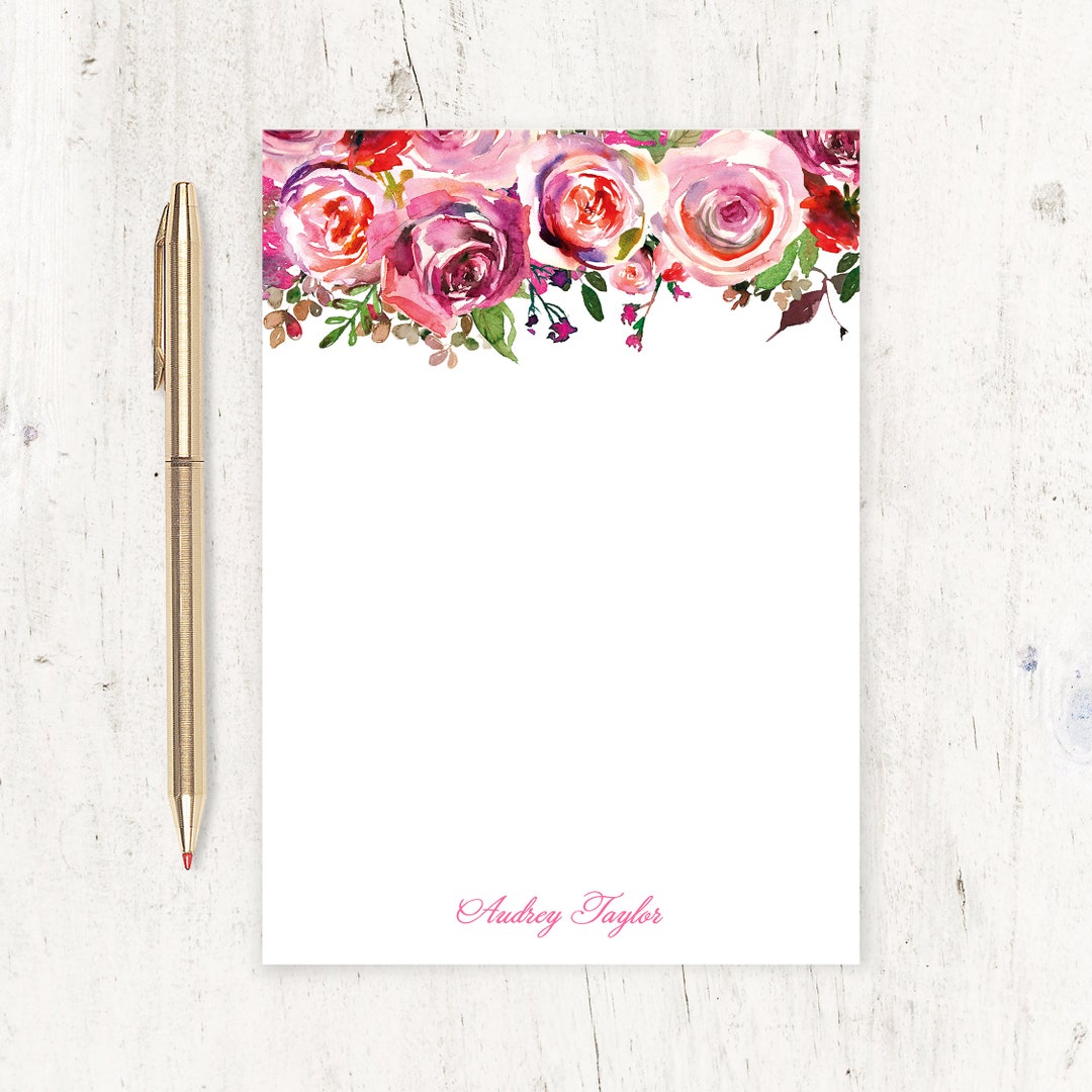 Personalized Notepad - PINK WATERCOLOR ROSES - Floral Stationary Flower ...