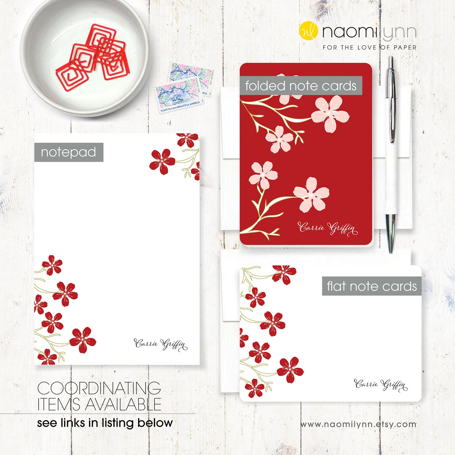 Personalized Note Card Set CHEERY CHERRY BLOSSOMS Custom - Etsy