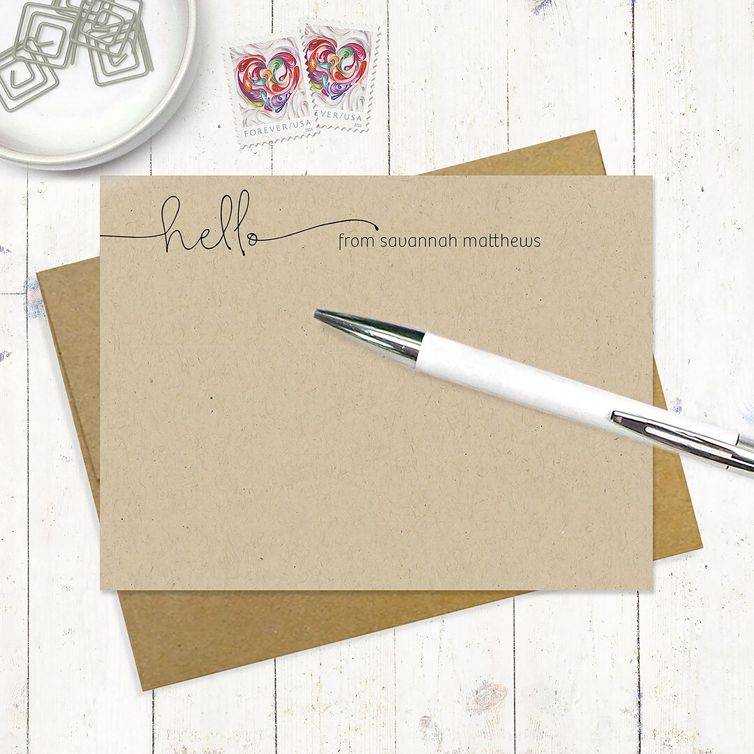 Personalized Note Card Set HANDWRITING HELLO on KRAFT Modern Stationery ...
