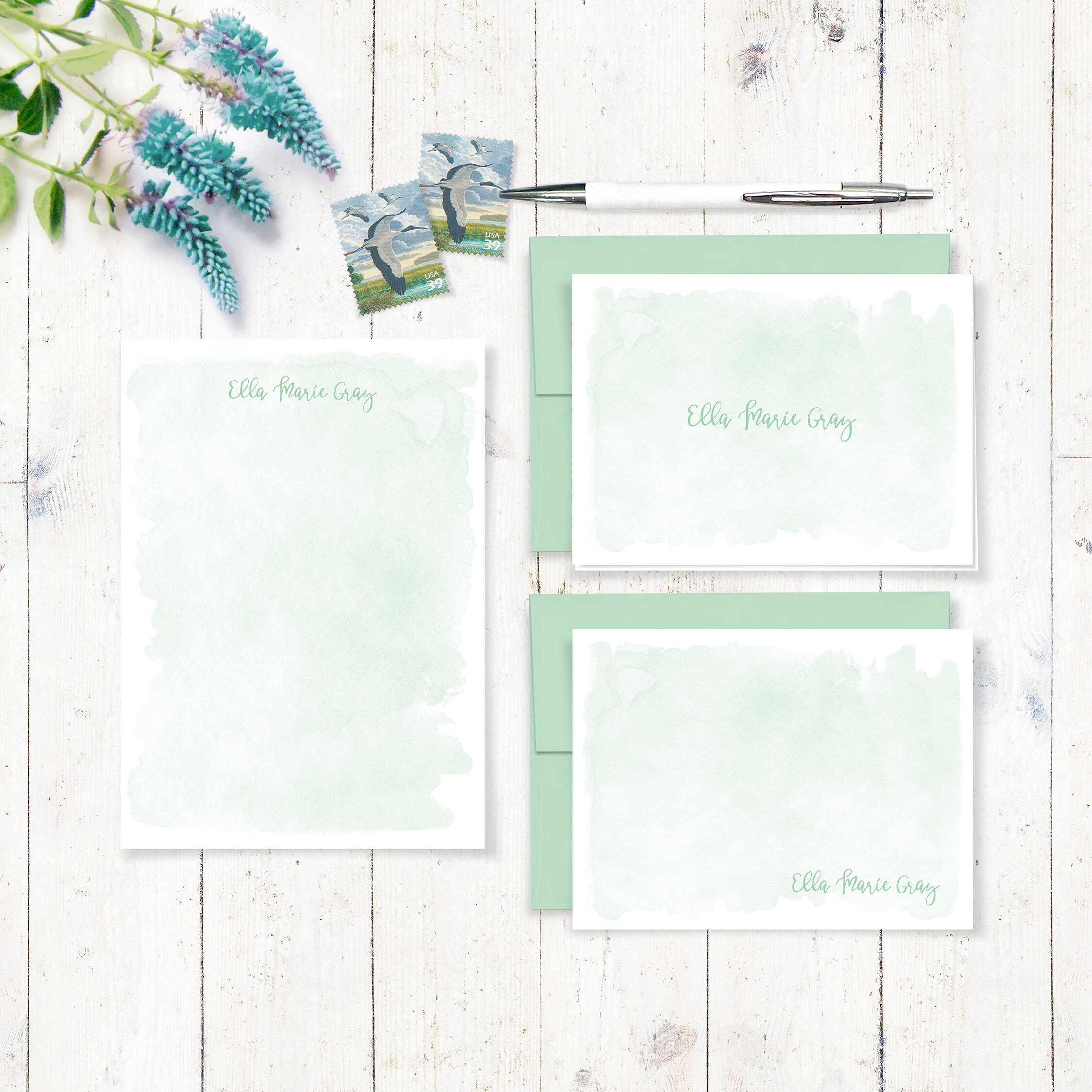 Complete Personalized Stationery Set MINT WATERCOLOR WASH | Etsy