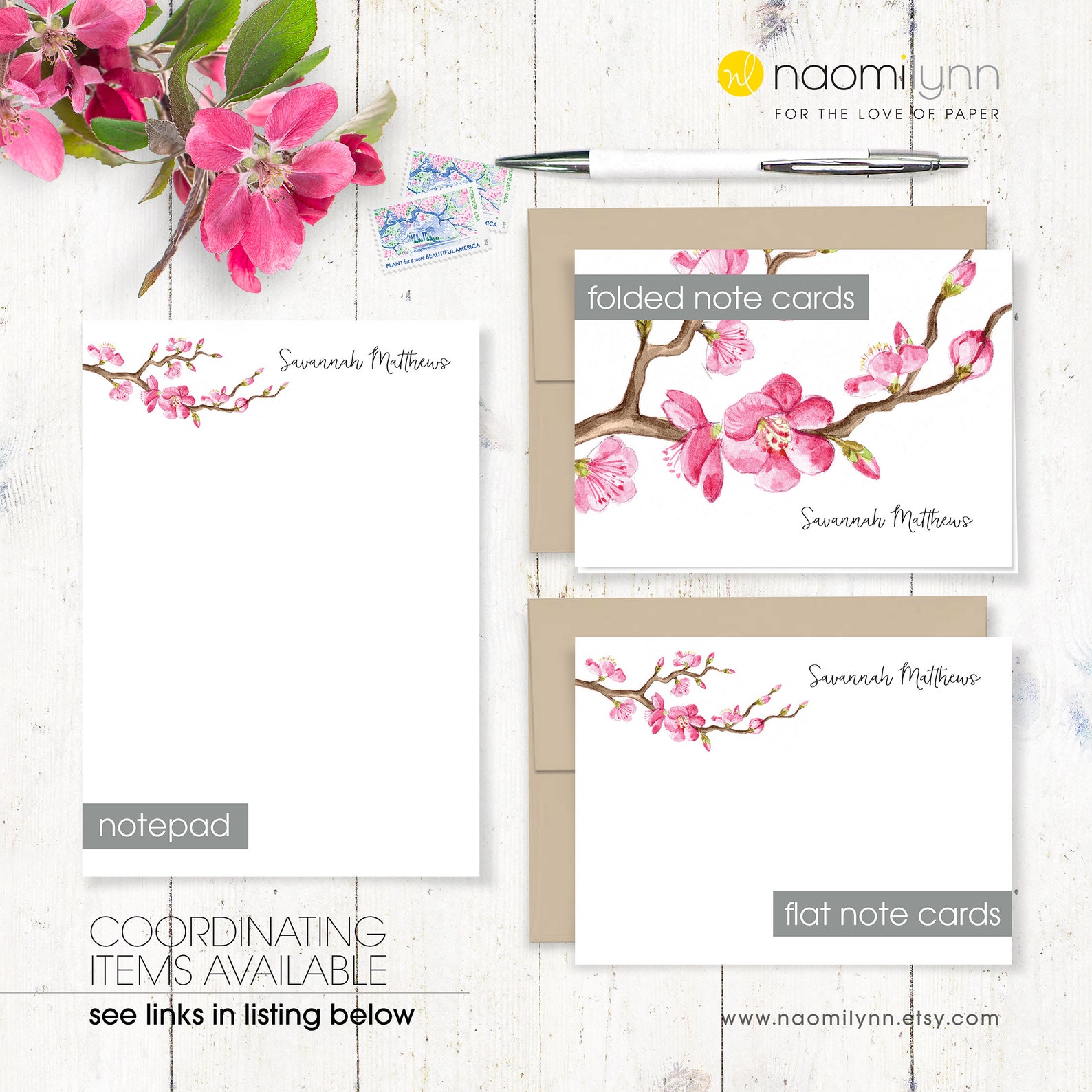 Personalized notePAD CHERRY BLOSSOM WATERCOLOR flower branch | Etsy