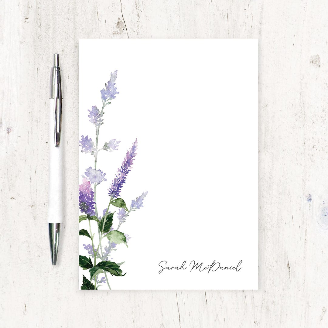 Personalized Notepad - LAVENDER WATERCOLOR FLOWERS - Purple Floral ...