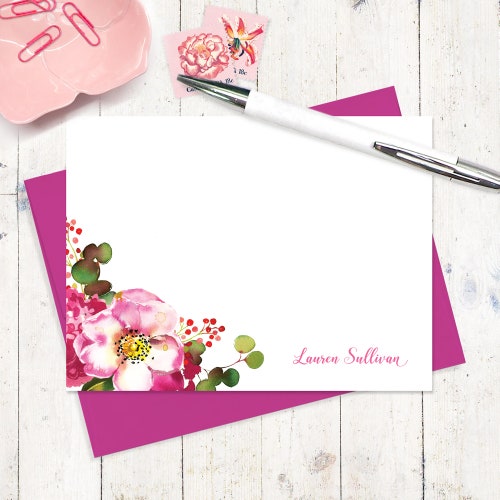 Personalized Note Card Set PINK PEONIES WATERCOLOR Flowers - Etsy