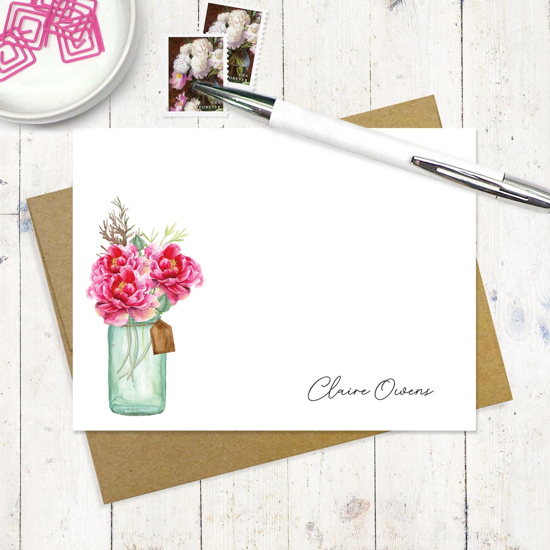 Personalized Note Card Set WATERCOLOR PEONIES in JAR Floral Peony ...