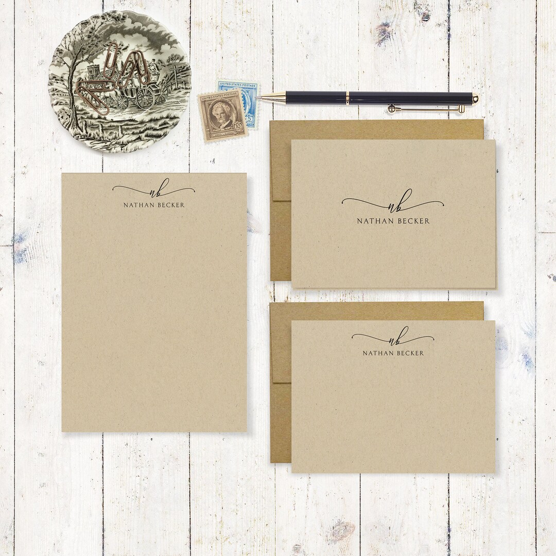 Complete Personalized Stationery Set EXQUISITE SCRIPT MONOGRAM on Kraft ...