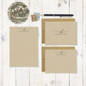 Complete Personalized Stationery Set EXQUISITE SCRIPT MONOGRAM on Kraft Custom Monogrammed Note ...