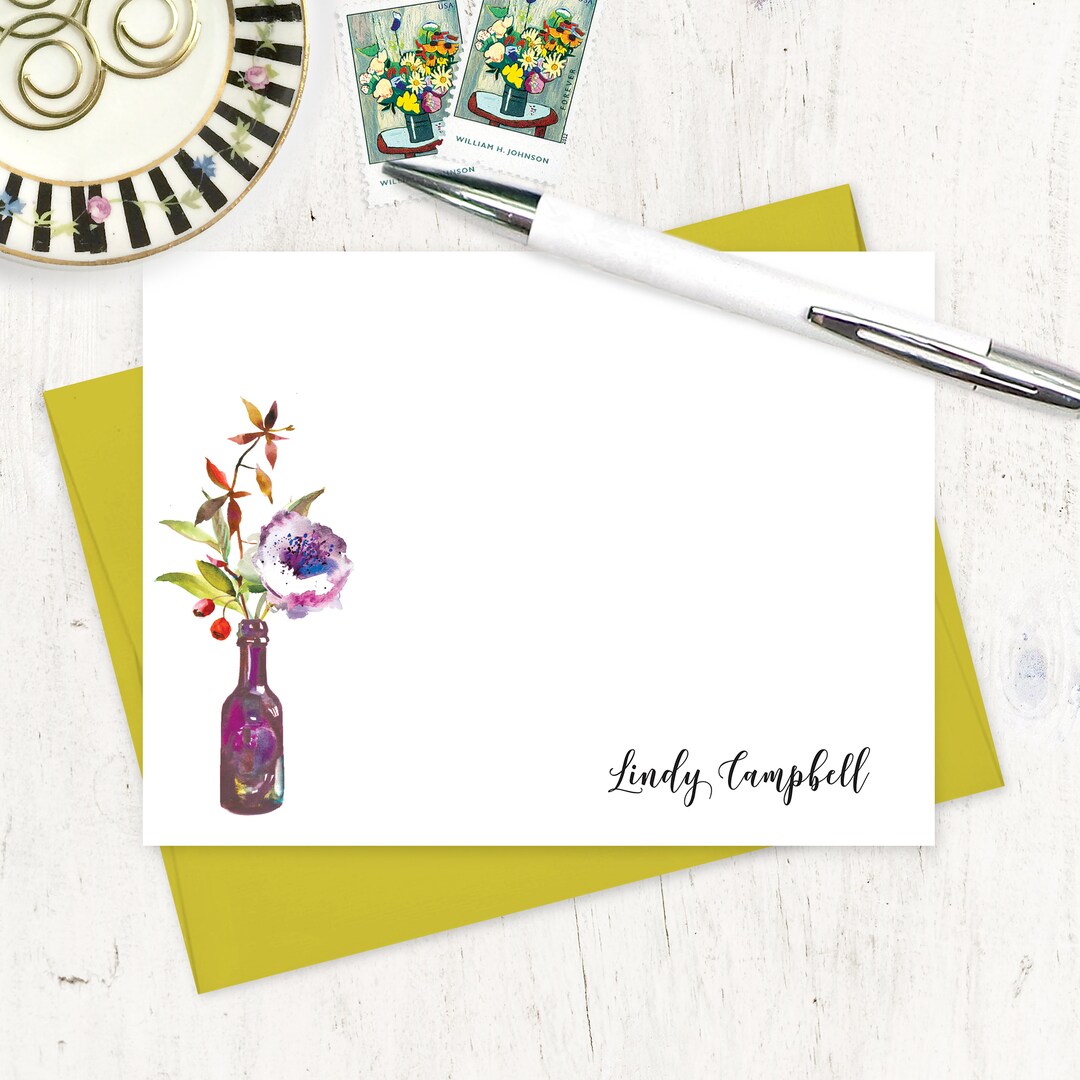 Personalized Note Card Set - Watercolor Flowers in PURPLE WINE BOTTLE ...