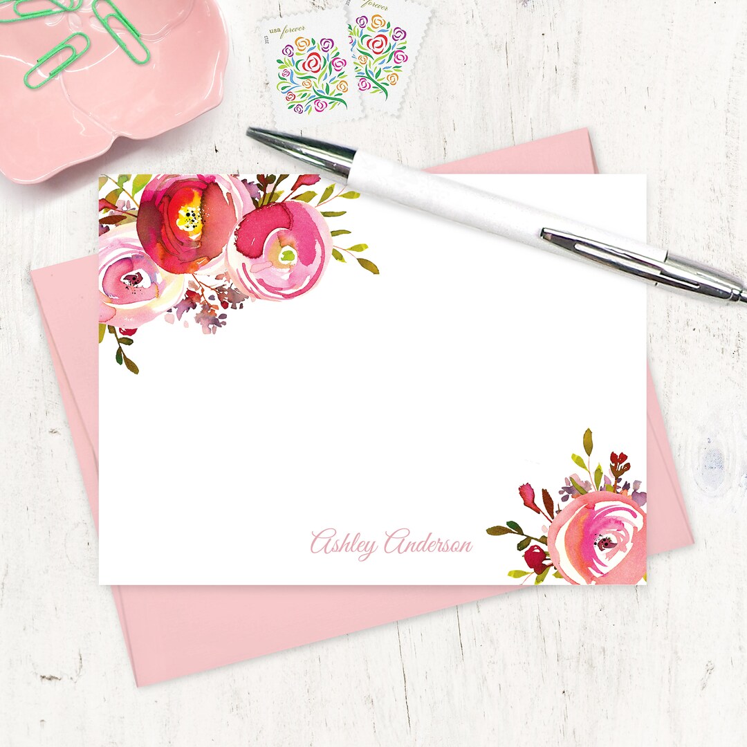Personalized Note Card Set - PINK PEONIES WATERCOLOR Flowers- Floral ...