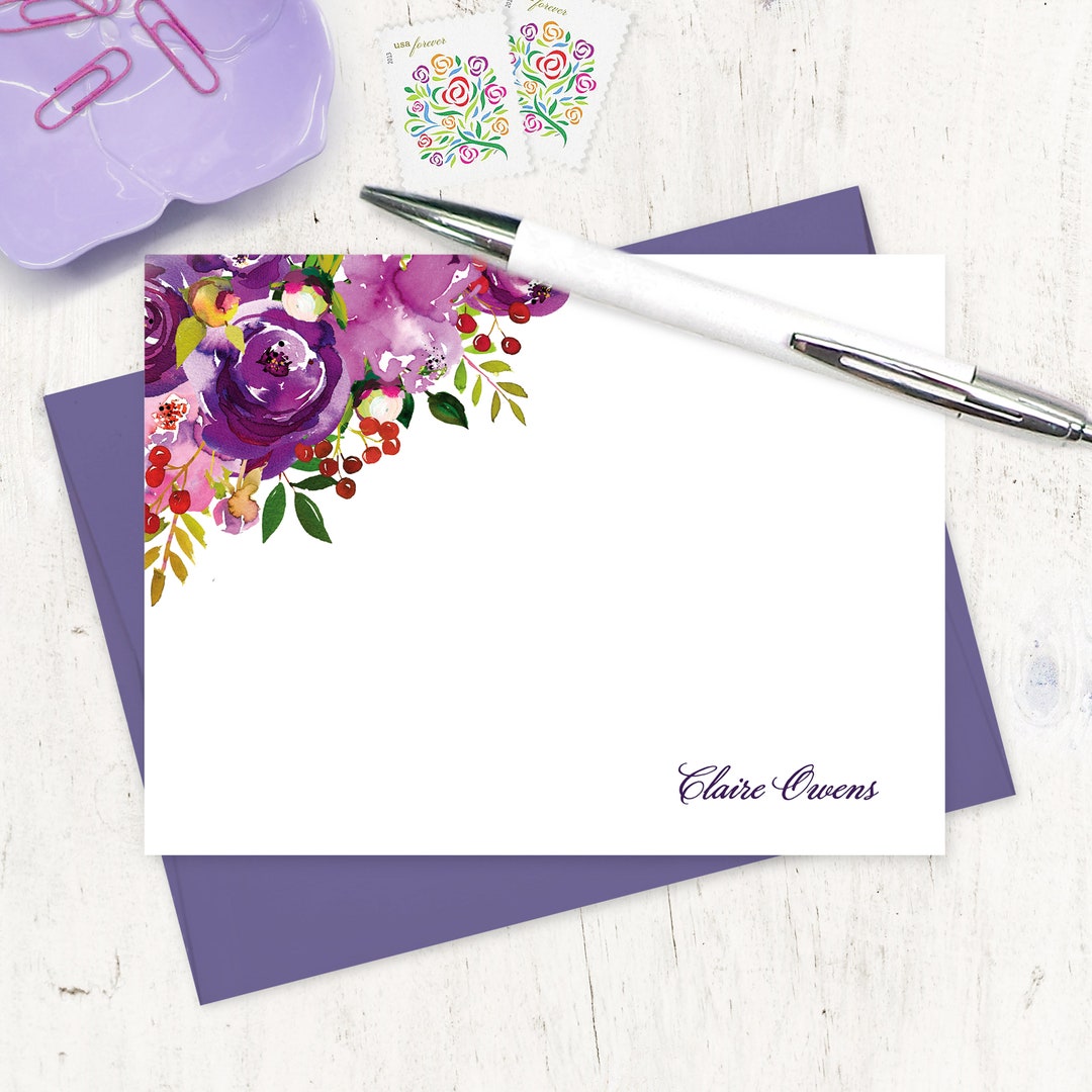 Personalized Note Card Set - PURPLE PEONIES WATERCOLOR Flowers - Floral ...