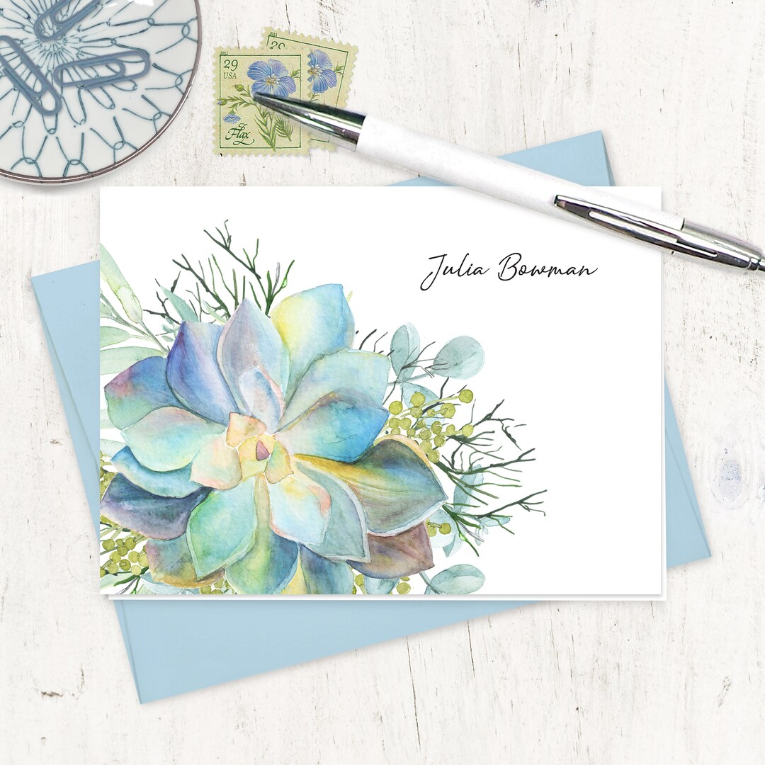 Personalized Stationery Set - SINGLE SUCCULENT WATERCOLOR - Pretty ...