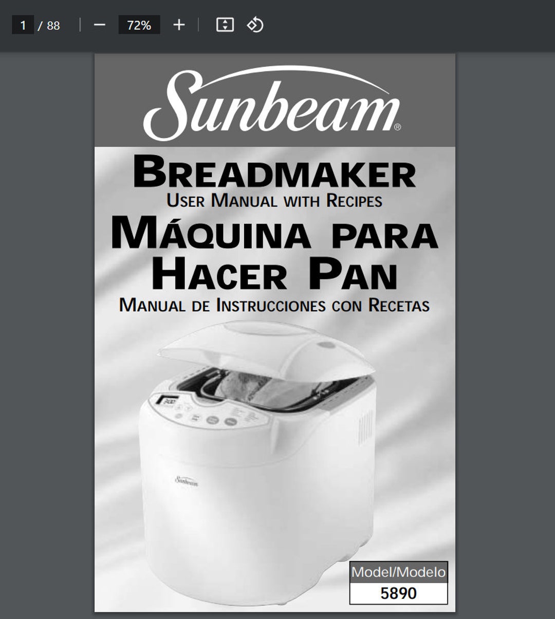 Digital PDF Sunbeam Breadmaker User Manual With Recipes PDF Model 5890 PDF - Etsy