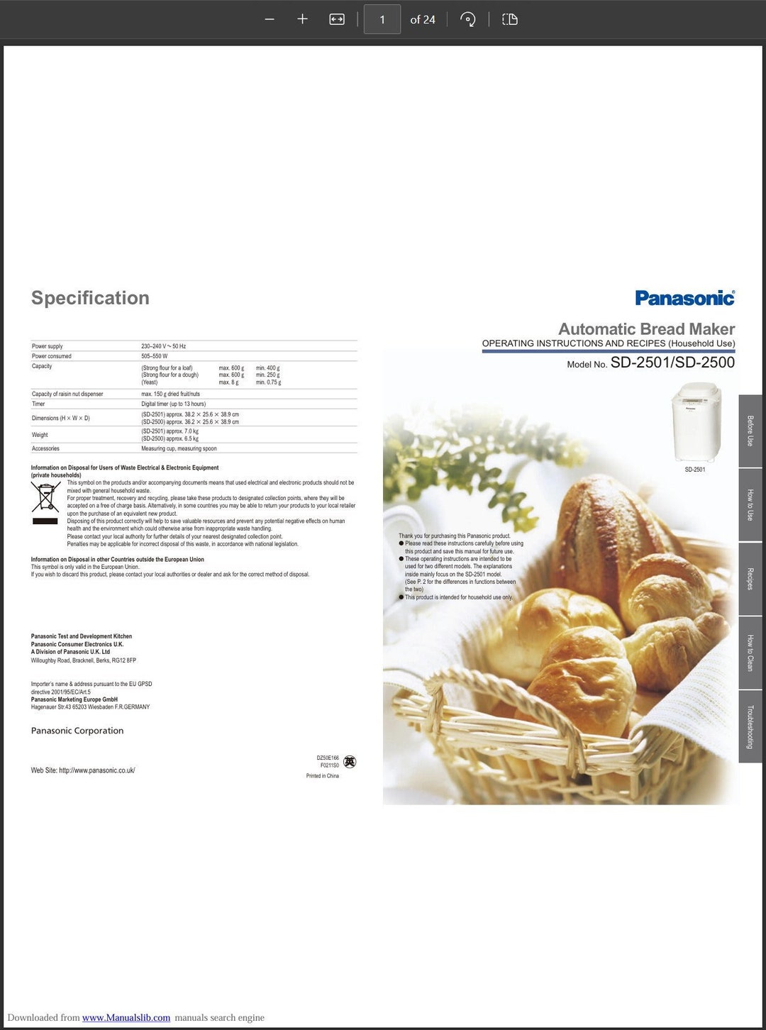 Digital Only Panasonic SD-2501 SD-2500 Manual & Recipe Booklet ...