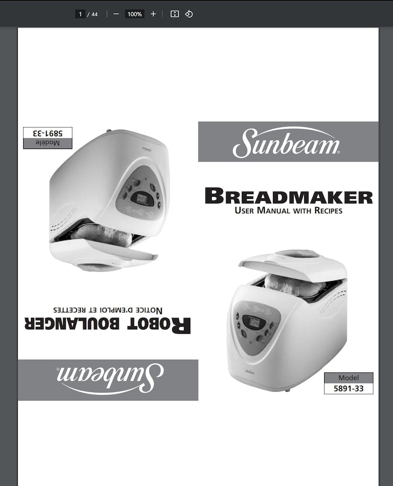 Digital Only PDF Sunbeam Breadmaker User Manual With Recipes PDF Model 5891-33 PDF - Etsy