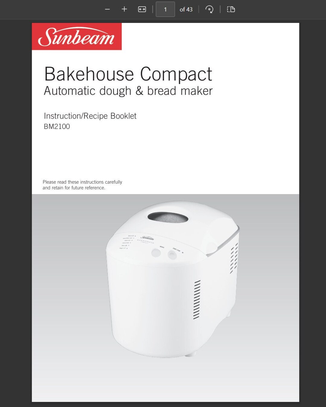 Sunbeam Bakehouse Compact Automatic Dough & Bread Maker Instructions ...