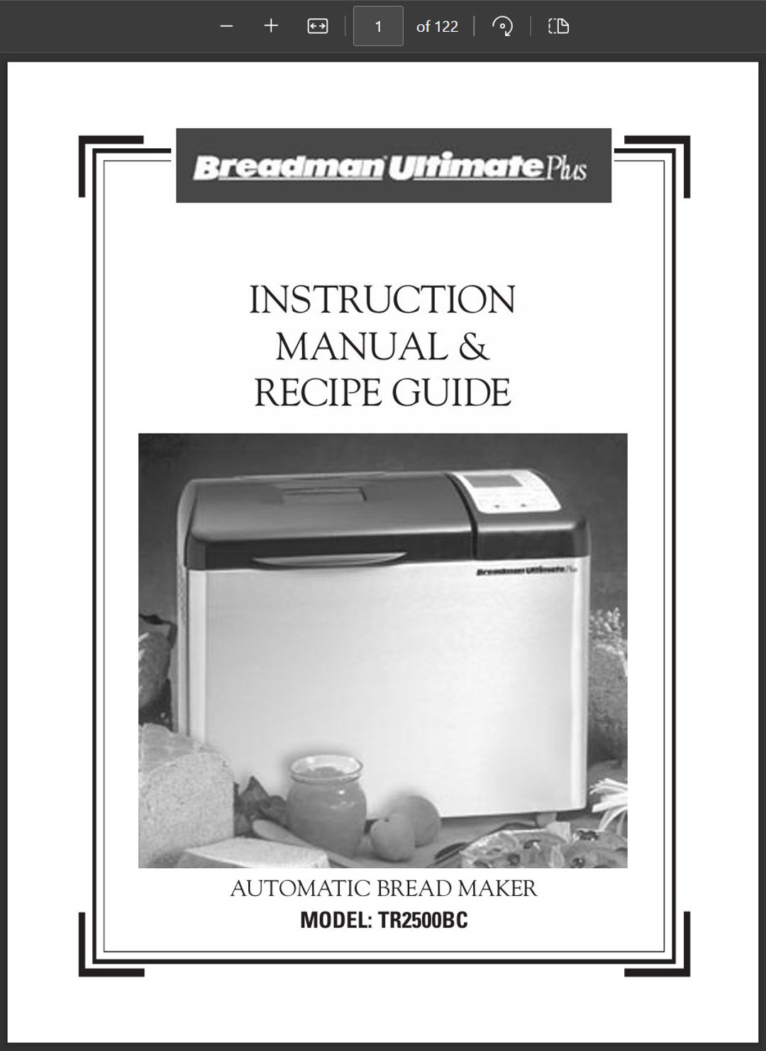 Digital PDF Breadman TR2500BC Ultimate Plus Manual & Recipe Guide Automatic Bread Maker Model ...