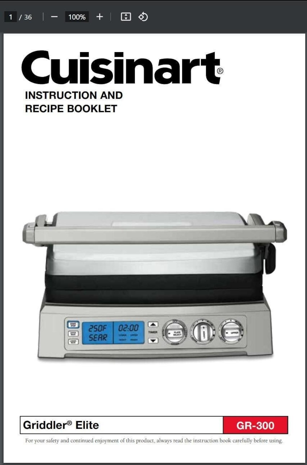 Cuisinart GR-300 Series Manual With Original Recipes Griddler Elite PDF ...
