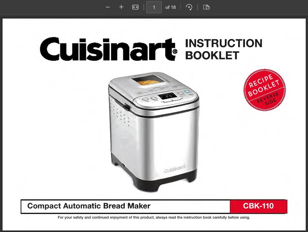 Digital PDF Cuisinart CBK-110 Manual & Recipe Booklet Compact Automatic Bread Maker PDF - Etsy