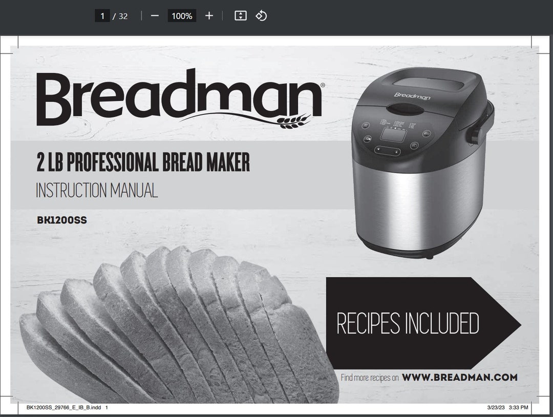 Breadman BK1200SS Manual & Recipe Guide Automatic Bread Maker Model PDF - Etsy