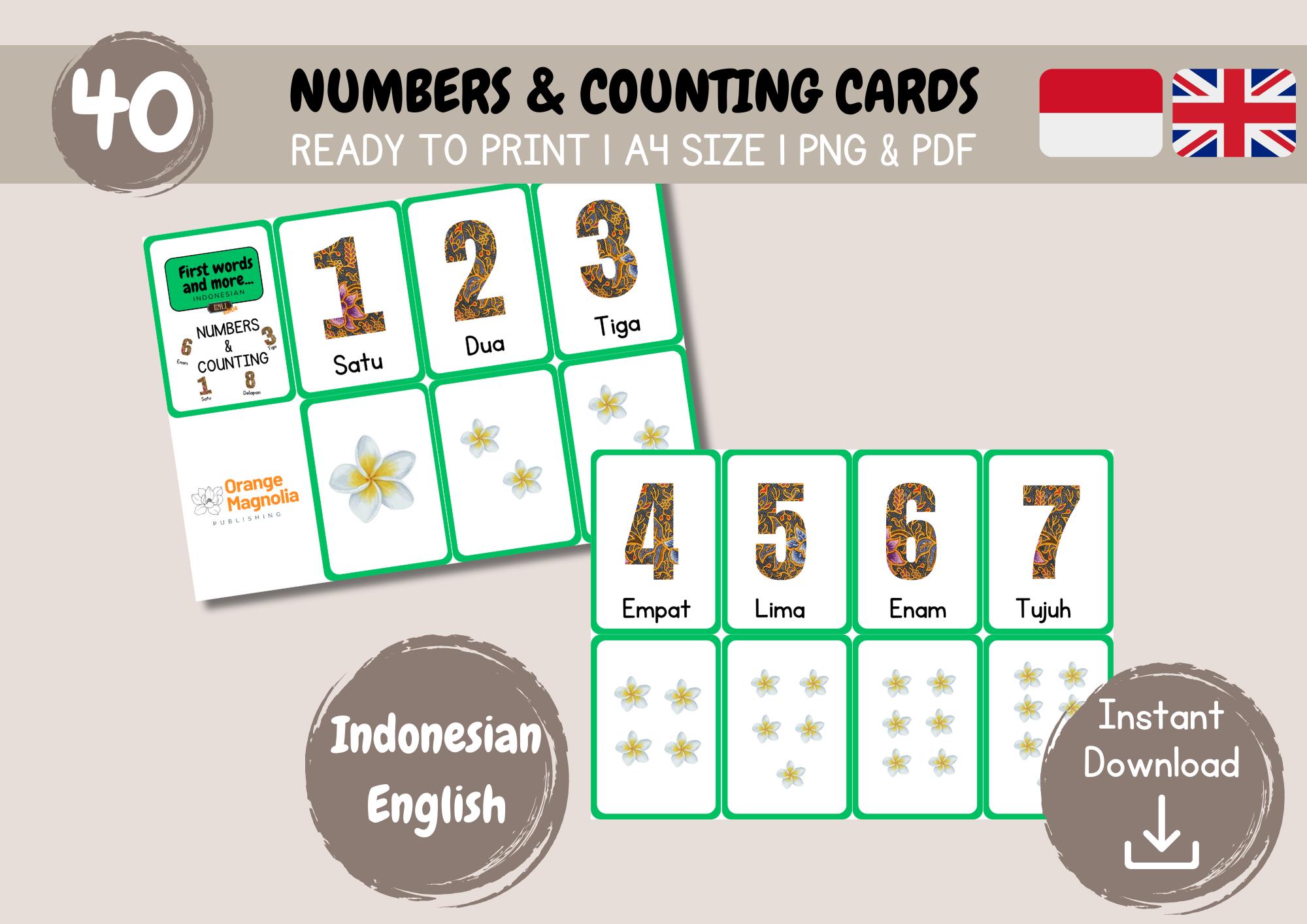 Printable Flashcards Indonesian & English | 40 Numbers and Counting ...
