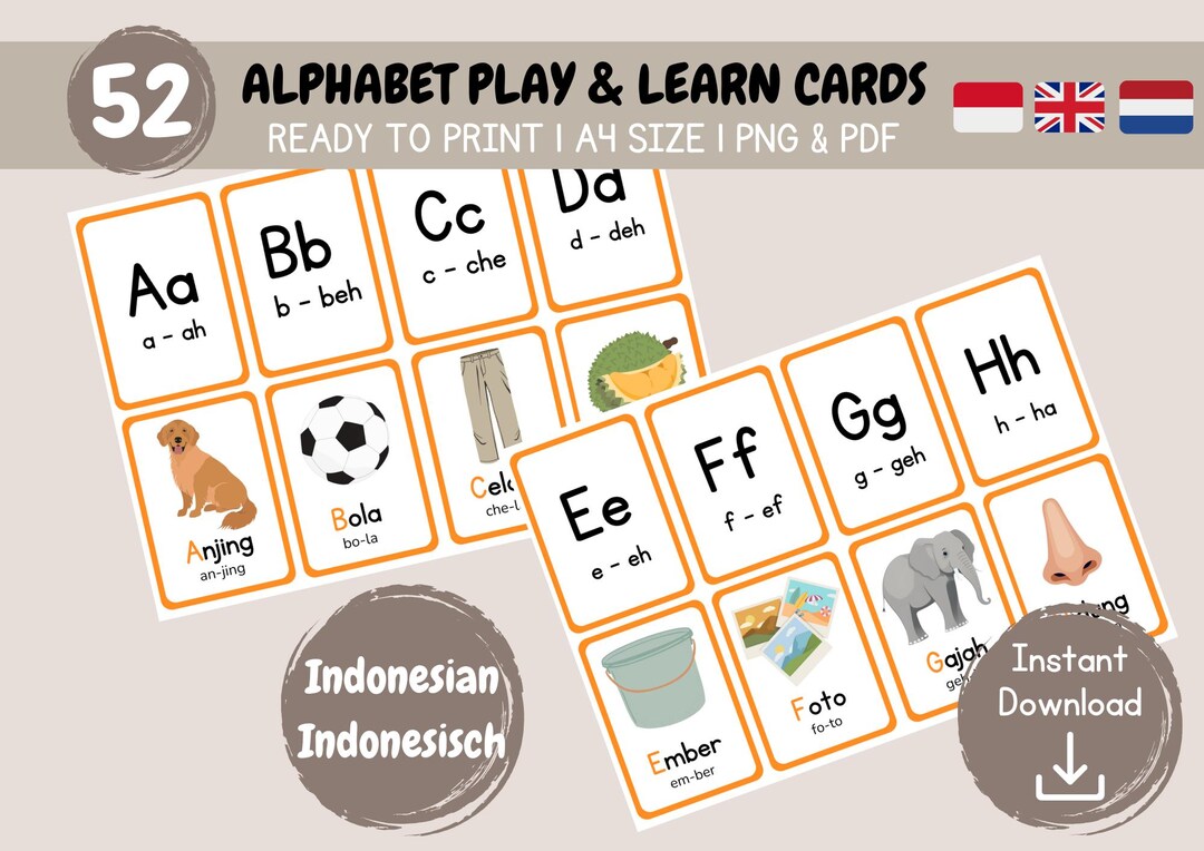 Printable Alphabet Flashcards Indonesian & English | 52 Alphabet ...