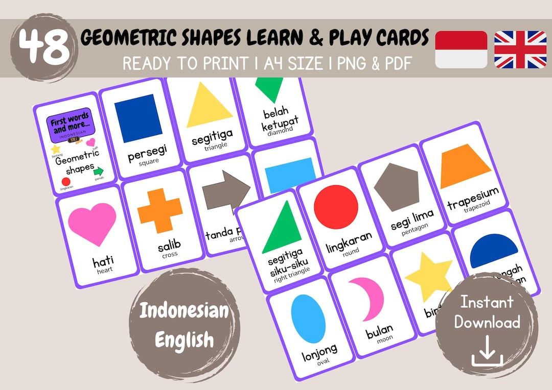 Printable Flashcards Indonesian and English | 48 Geometric Shapes ...
