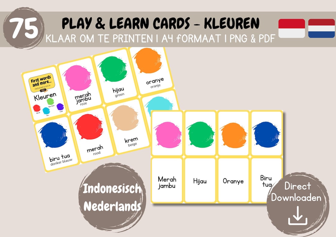 Printable Flashcards INDONESIAN DUTCH - Learning Colors - Montessori ...