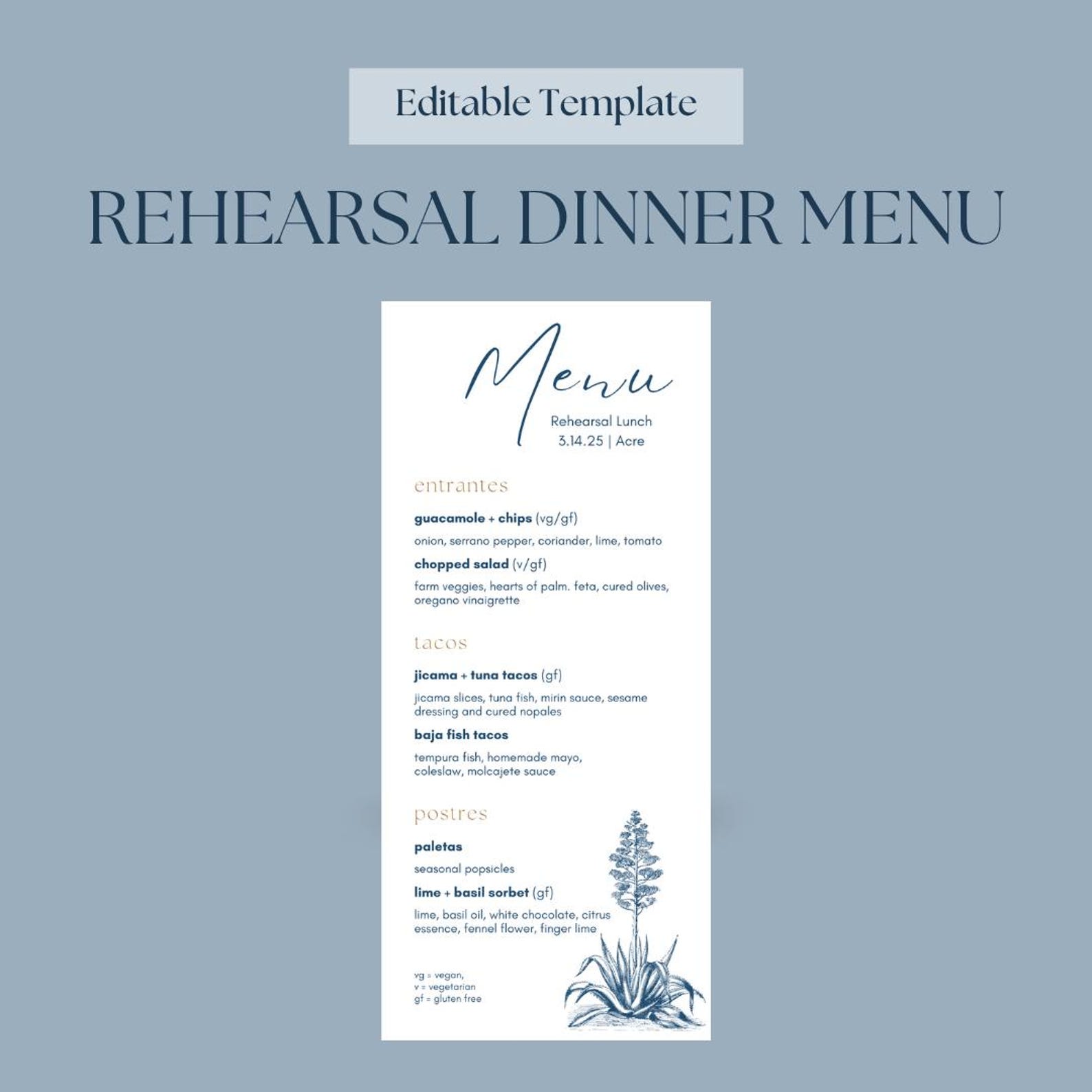 Rehearsal and Wedding Dinner Menu, Customized Dinner Menu, Mexican and ...