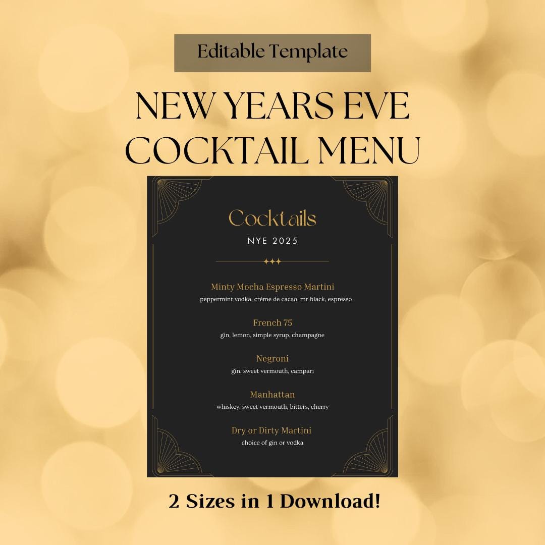 New Years Eve Cocktail Menu, Great Gatsby Themed Party, Black and Gold ...