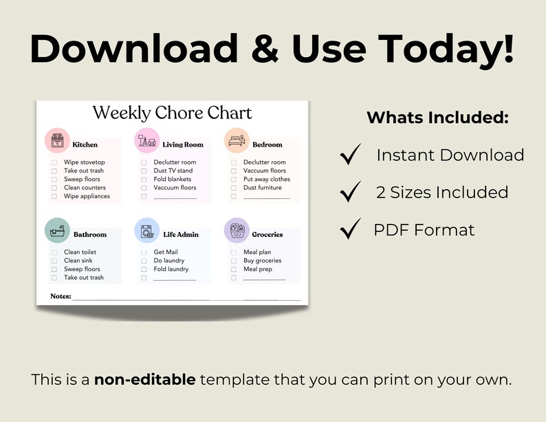 Colorful Adult Chore Chart Minimalist Chore Chart Weekly Cleaning ...