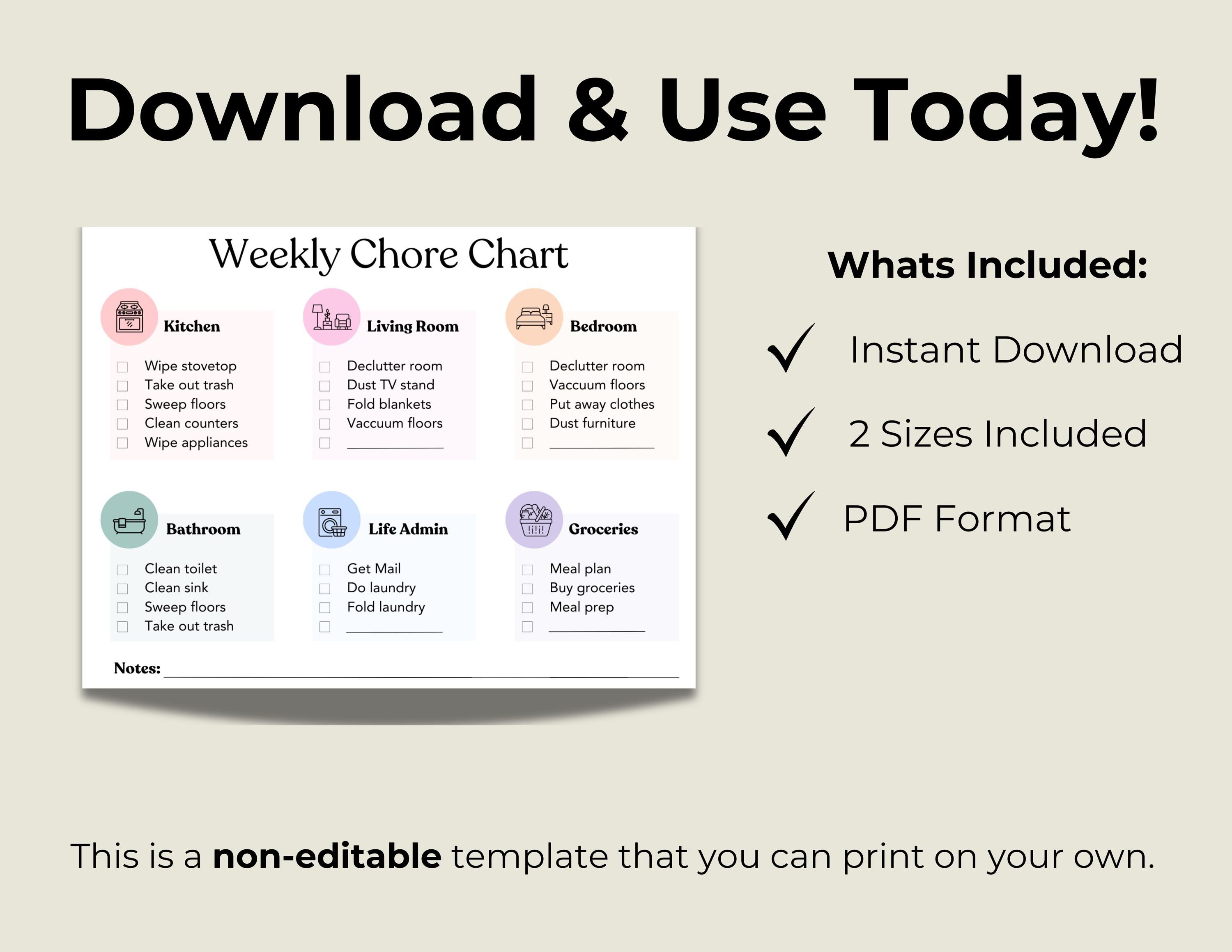 Colorful Adult Chore Chart Minimalist Chore Chart Weekly Cleaning ...