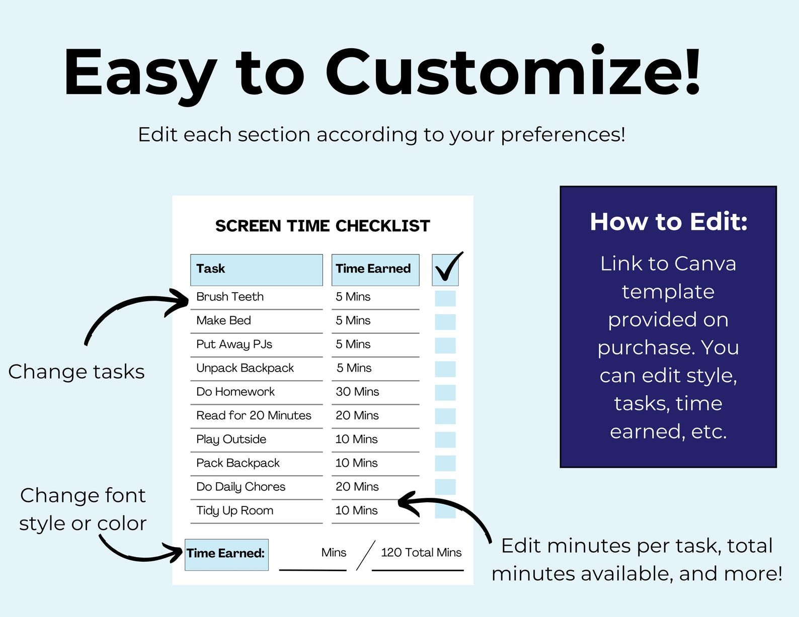 Printable Editable Screen Time Checklist Editable Daily Screen Time ...