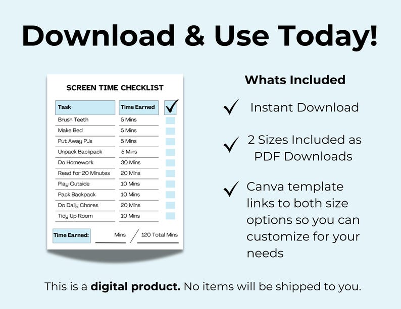Editable Daily Screen Time Checklist for Kids Printable Editable Screen ...