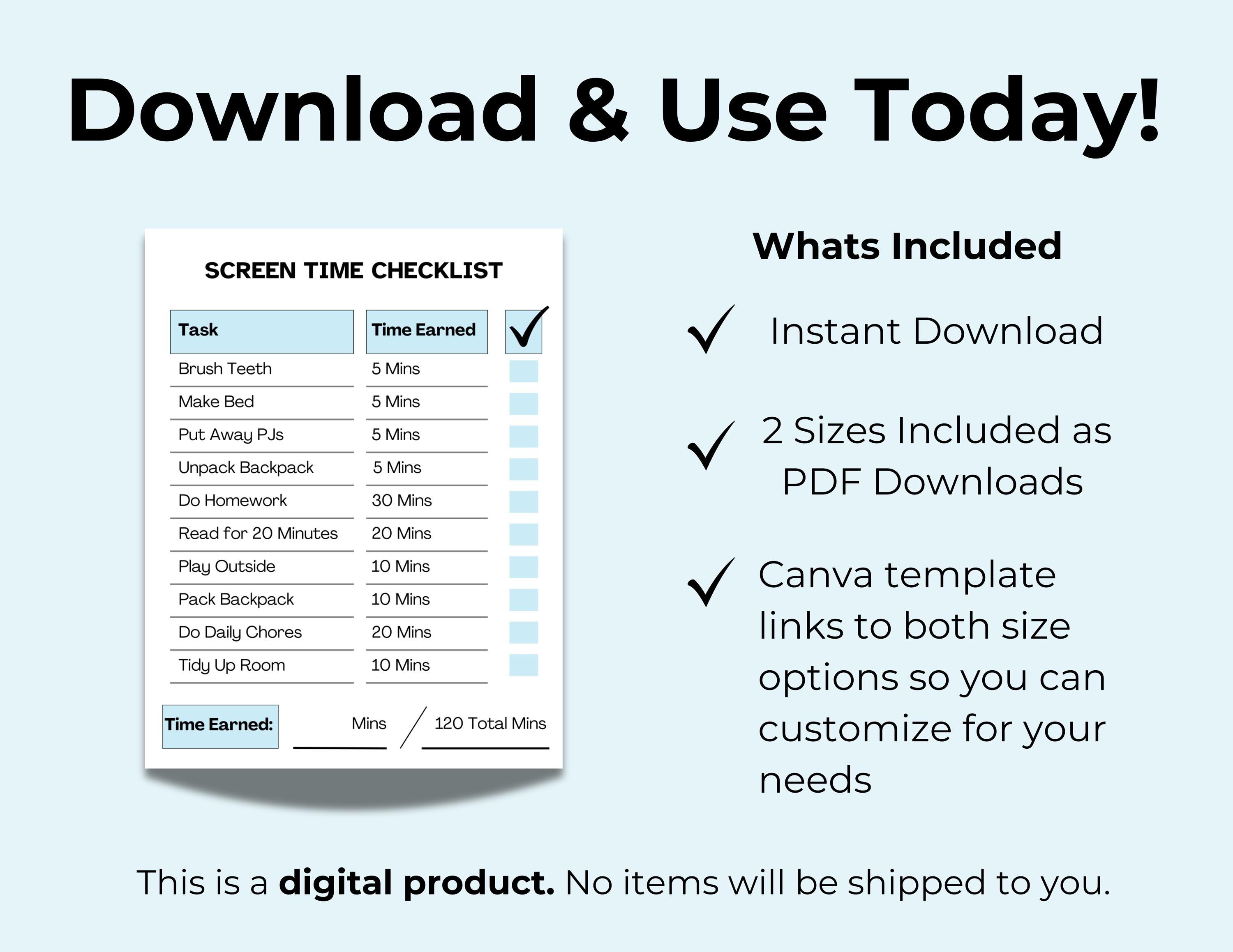 Editable Daily Screen Time Checklist for Kids Printable Editable Screen ...