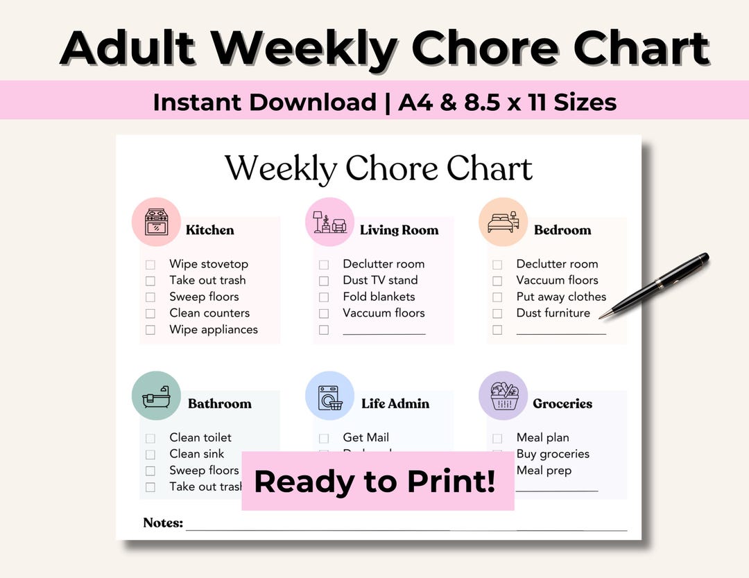 Colorful Adult Chore Chart Minimalist Chore Chart Weekly Cleaning ...