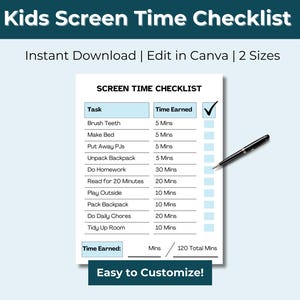 Printable Editable Screen Time Checklist Editable Daily Screen Time ...