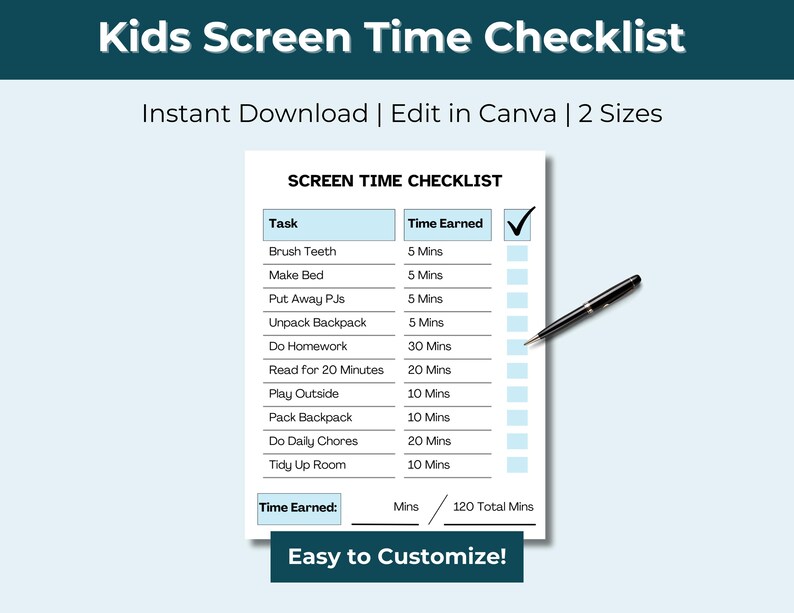 Printable Editable Screen Time Checklist Editable Daily Screen Time ...