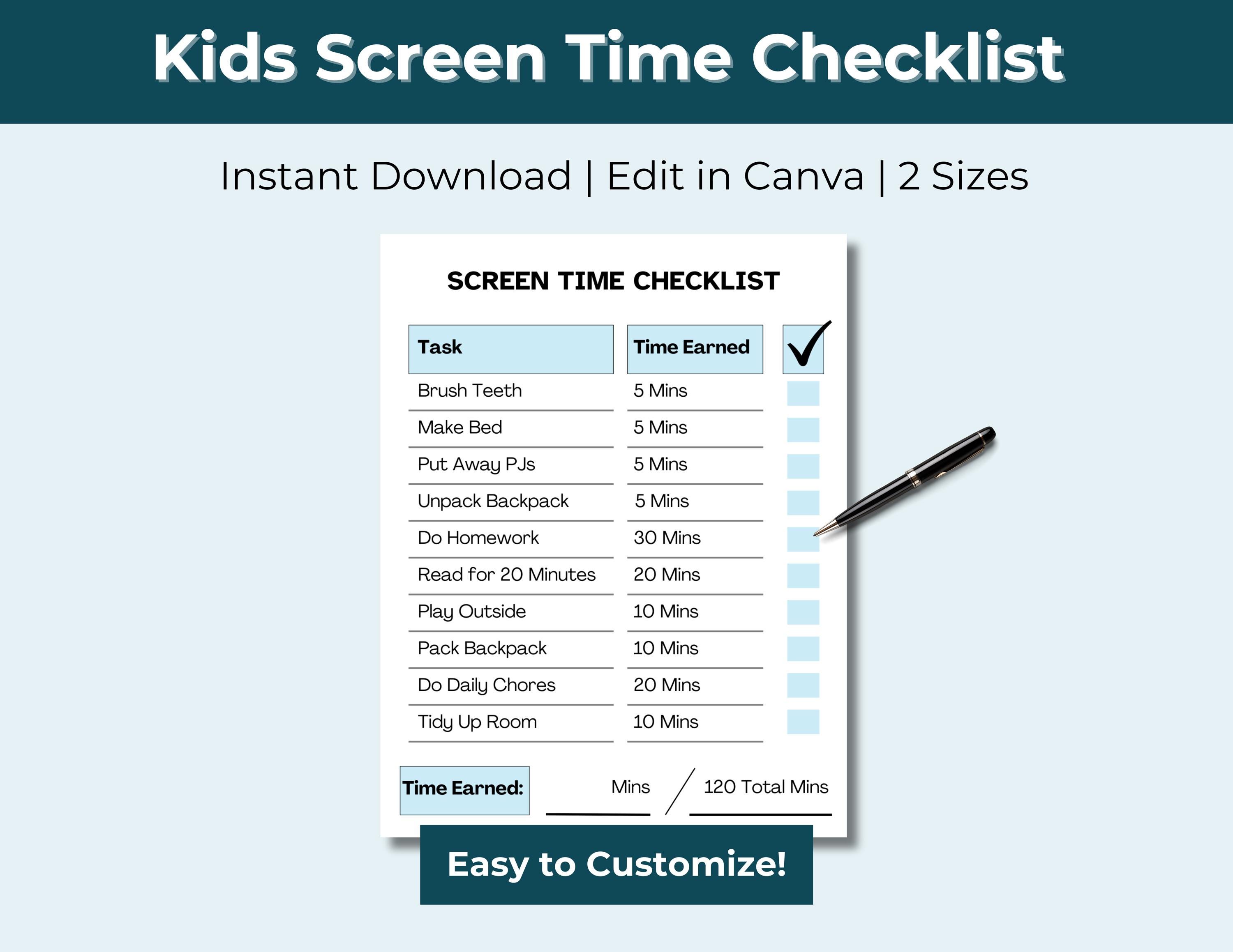 Printable Editable Screen Time Checklist Editable Daily Screen Time ...