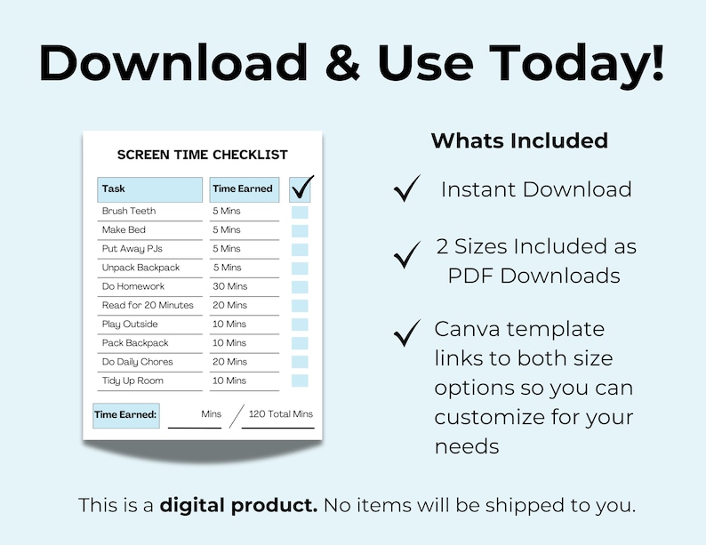 Printable Editable Screen Time Checklist Editable Daily Screen Time ...