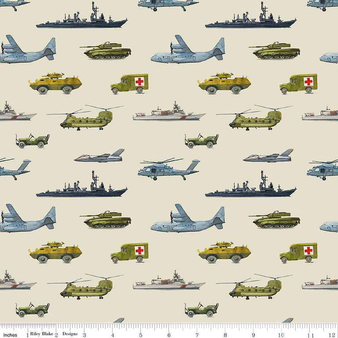 Fabric - Riley Blake Letters From Home Transport Khaki Military ...