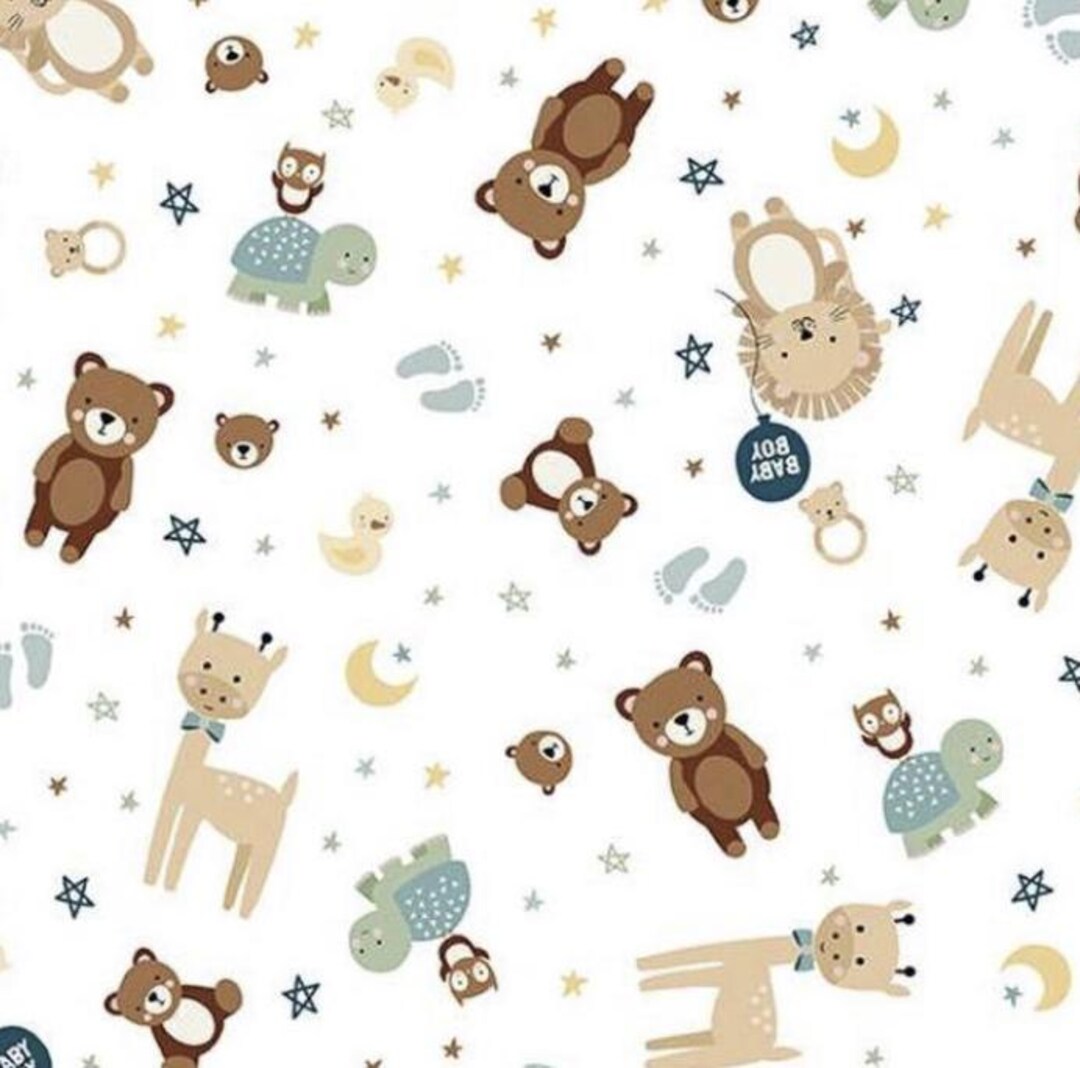 Fabric - Riley Blake Baby Boy Collection Tossed Animals on White C16761 ...