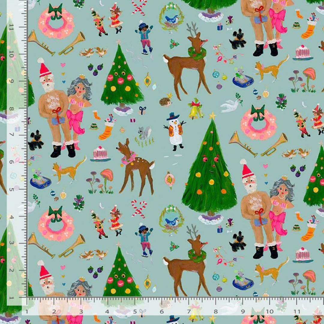 Fabric Dear Stella DAH2627 Mistletoe Mischief Santa Mrs Claus Funny ...