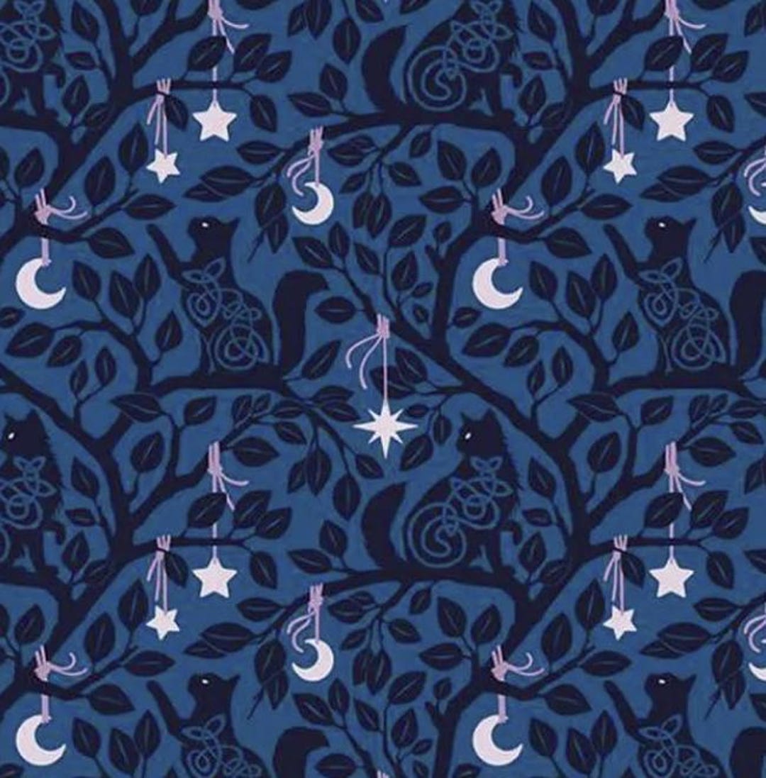Fabric - Riley Blake Celtic Cats Cd16582-navy Cats in Trees With Stars ...