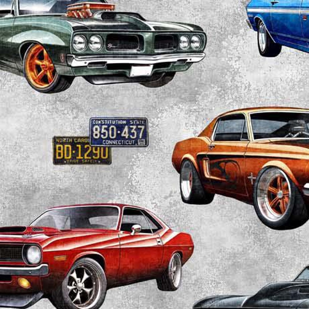 Fabric - QT Fabrics Heavy Metal Hot Rods Vintage Muscle Cars on Gray on ...