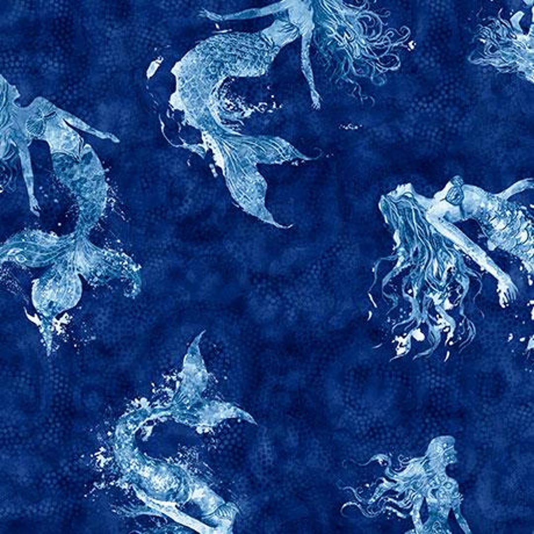 Fabric - QT Fabrics Ocean Blues Mermaids Poseidon Tossed on Blue Ocean ...